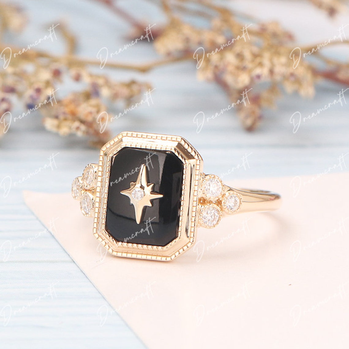 Black Onyx Engagement Ring 4ct Emerald Cut Unique Vintage 14k | Etsy