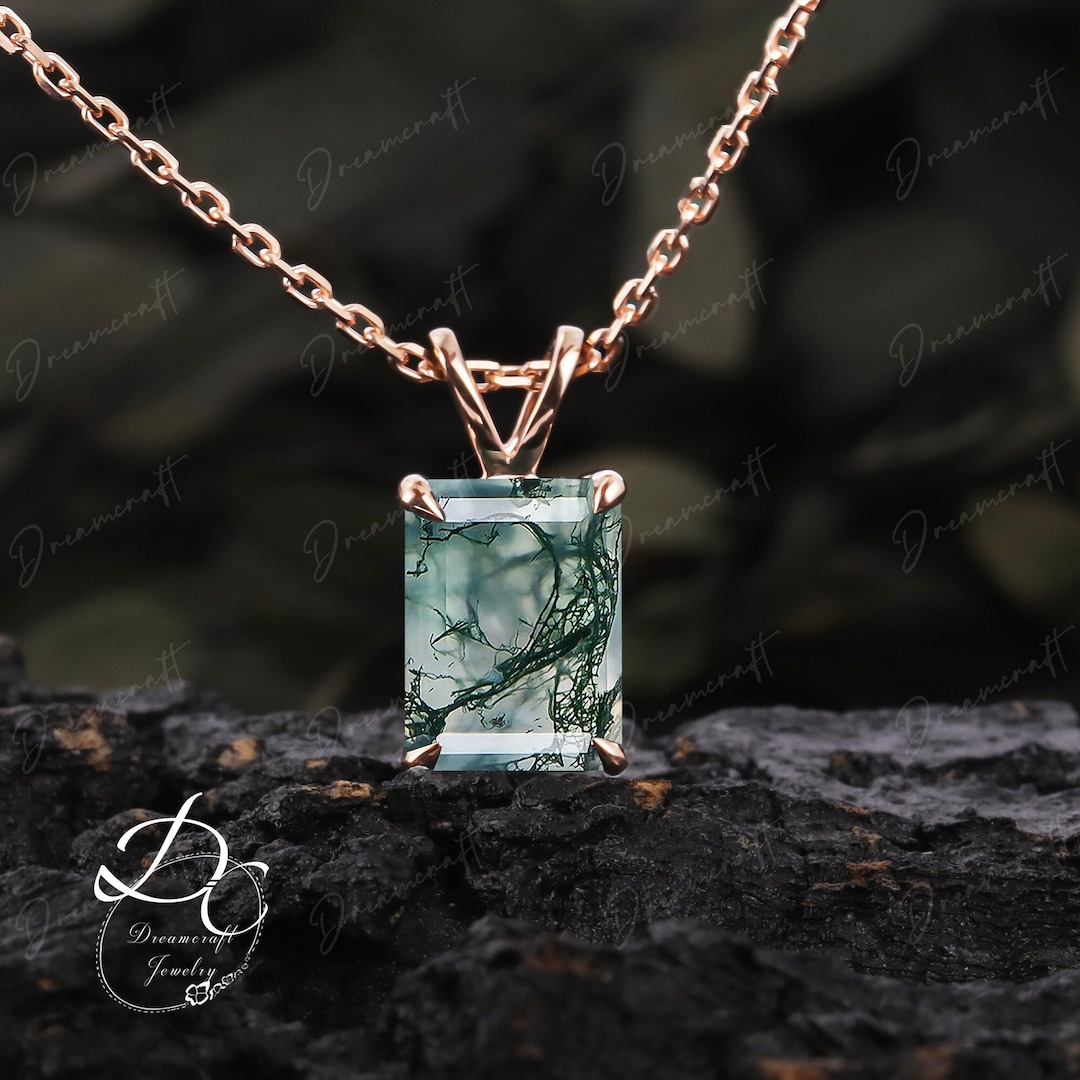 8x11mm Emerald Cut Green Moss Agate Necklace Solid 14k Rose Gold Unique ...