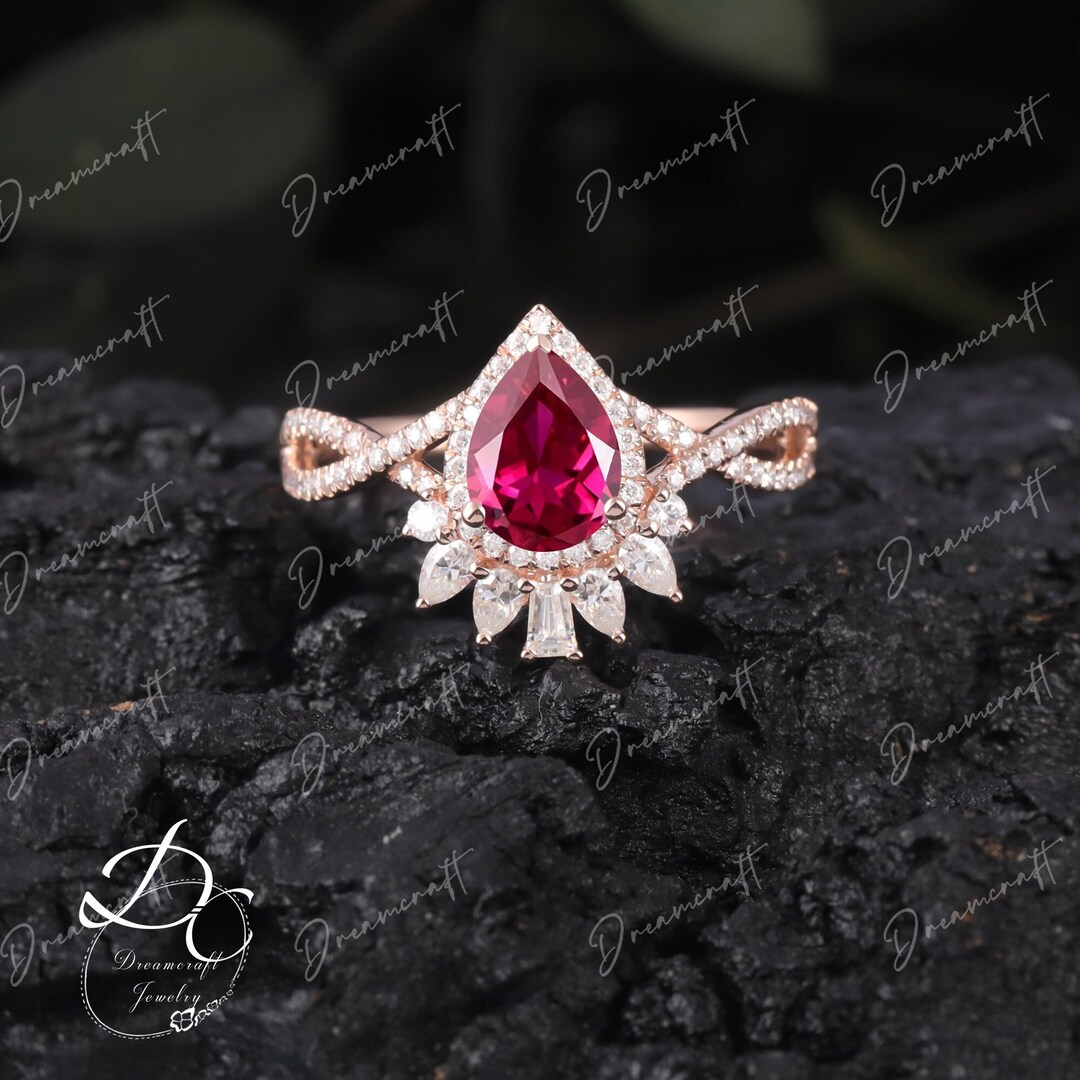 Pear Shape Ruby Engagement Ring Vintage Engagement Ring Unique 14K Rose Gold Moissanite Wedding ...