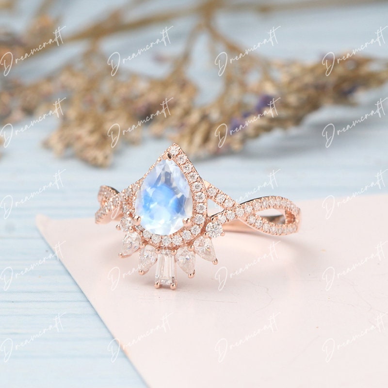 Pear Shape Moonstone Engagement Ring Sets Unique Engagement - Etsy