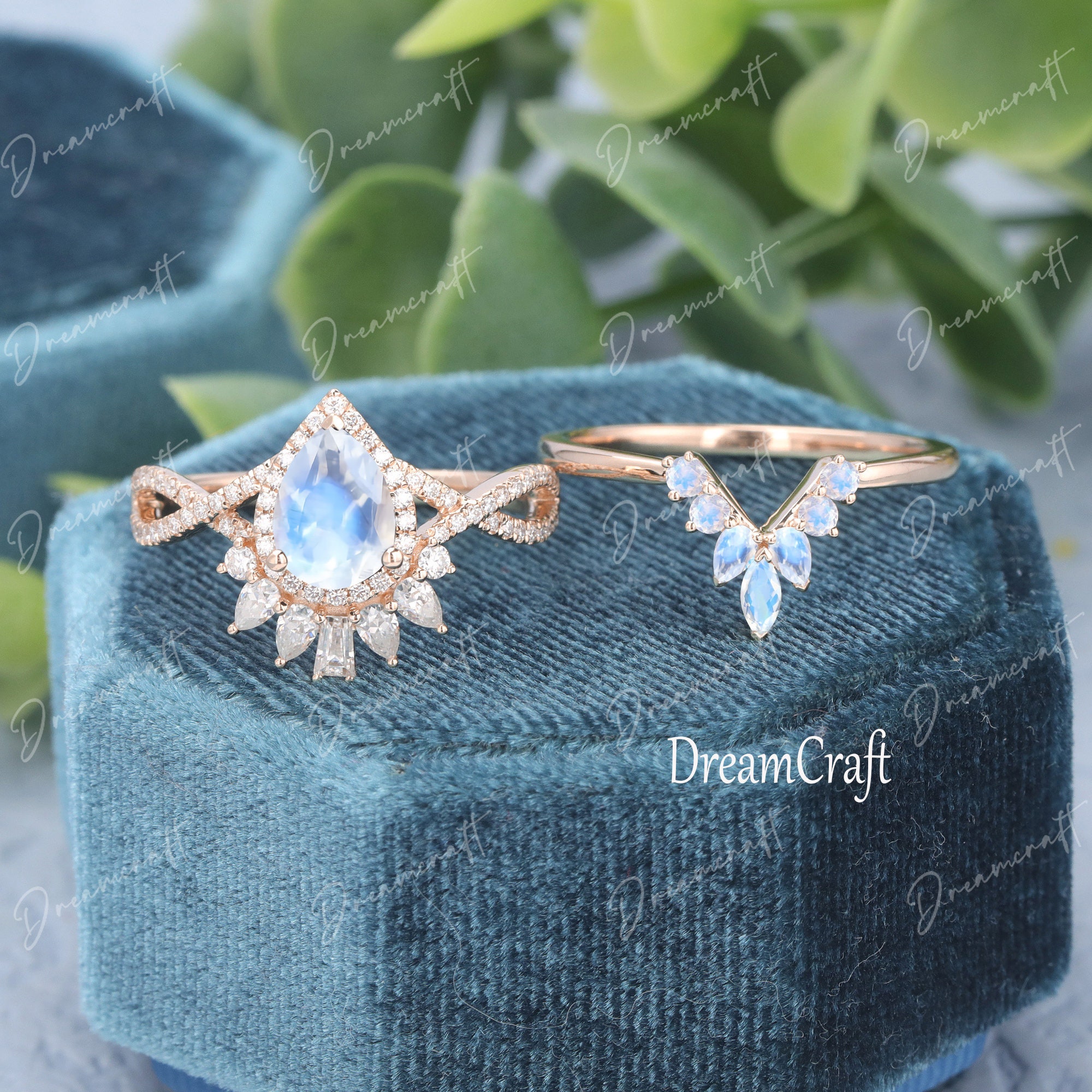 Pear Shape Moonstone Engagement Ring Sets Unique Engagement - Etsy