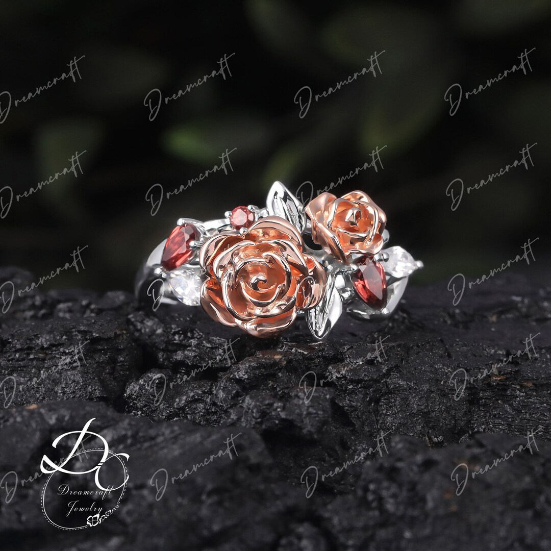 Natural Garnet Rose Flower Engagement Ring 925 Sterling Silver 14K Gold ...