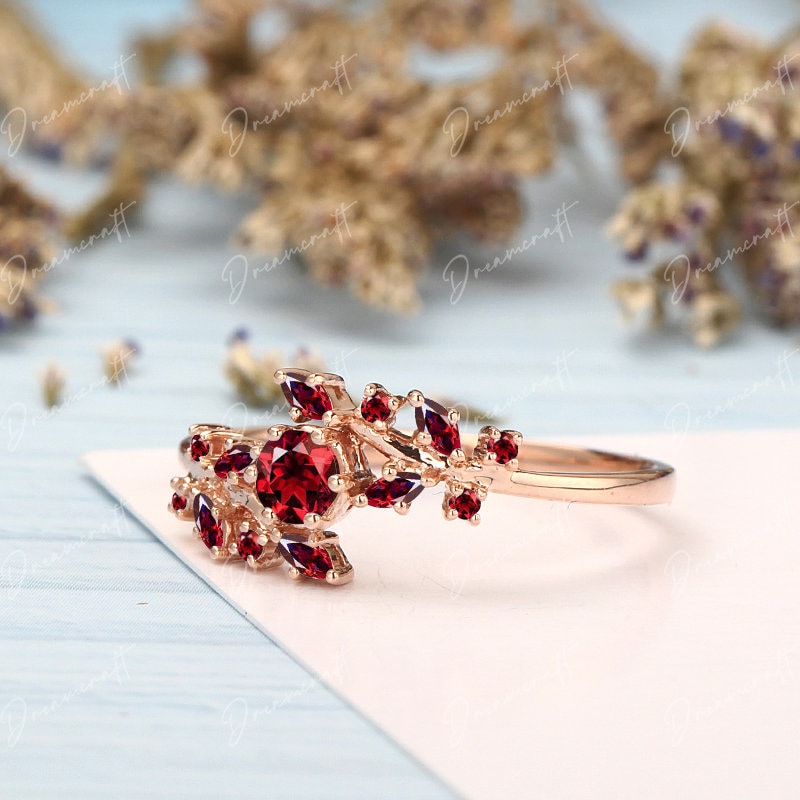 Natural Garnet Engagement Ring 14K Rose Gold Art Deco Ring | Etsy