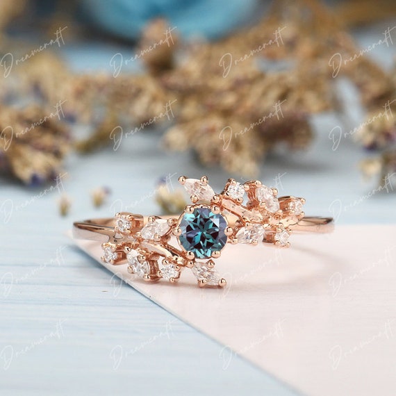 Alexandrite Cluster Ring 14K Rose Gold Unique Engagement Ring | Etsy