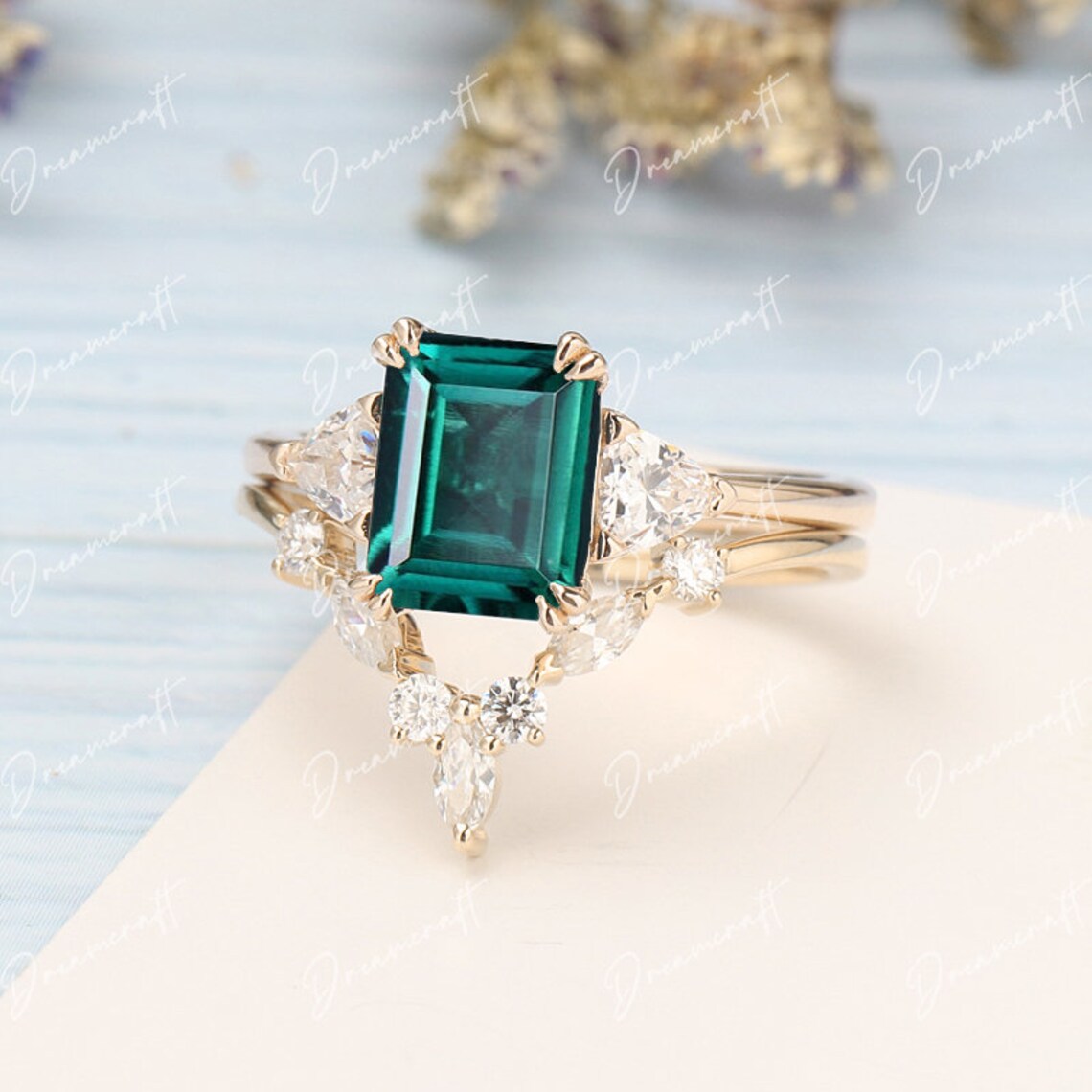 Emerald Engagement Ring Set 3CT Emerald Cut Green Engagement | Etsy