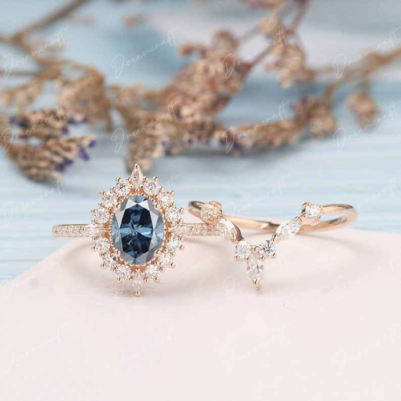 Blue Grey Moissanite Engagement Ring Sets Oval Vintage Halo Engagement ...