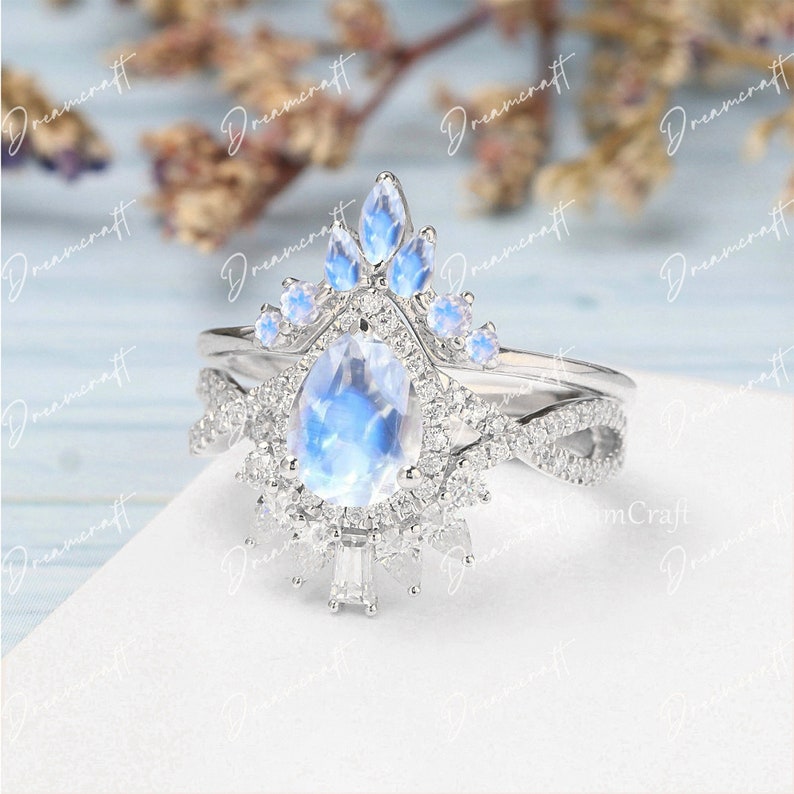 Pear Shape Moonstone Engagement Ring Unique Wedding Ring Sets - Etsy