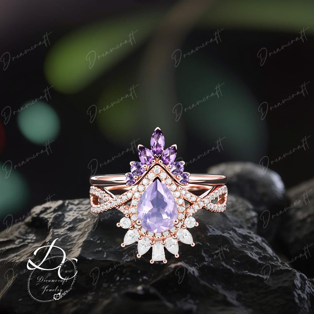 Pear Shape Lavender Amethyst Engagement Ring Set Rose Gold Unique Engagement Ring Vintage ...