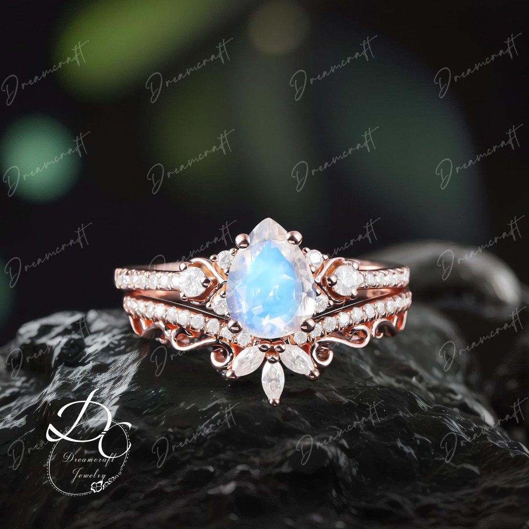 Vintage Pear Moonstone Engagement Ring Sets Cluster Promise Ring for ...
