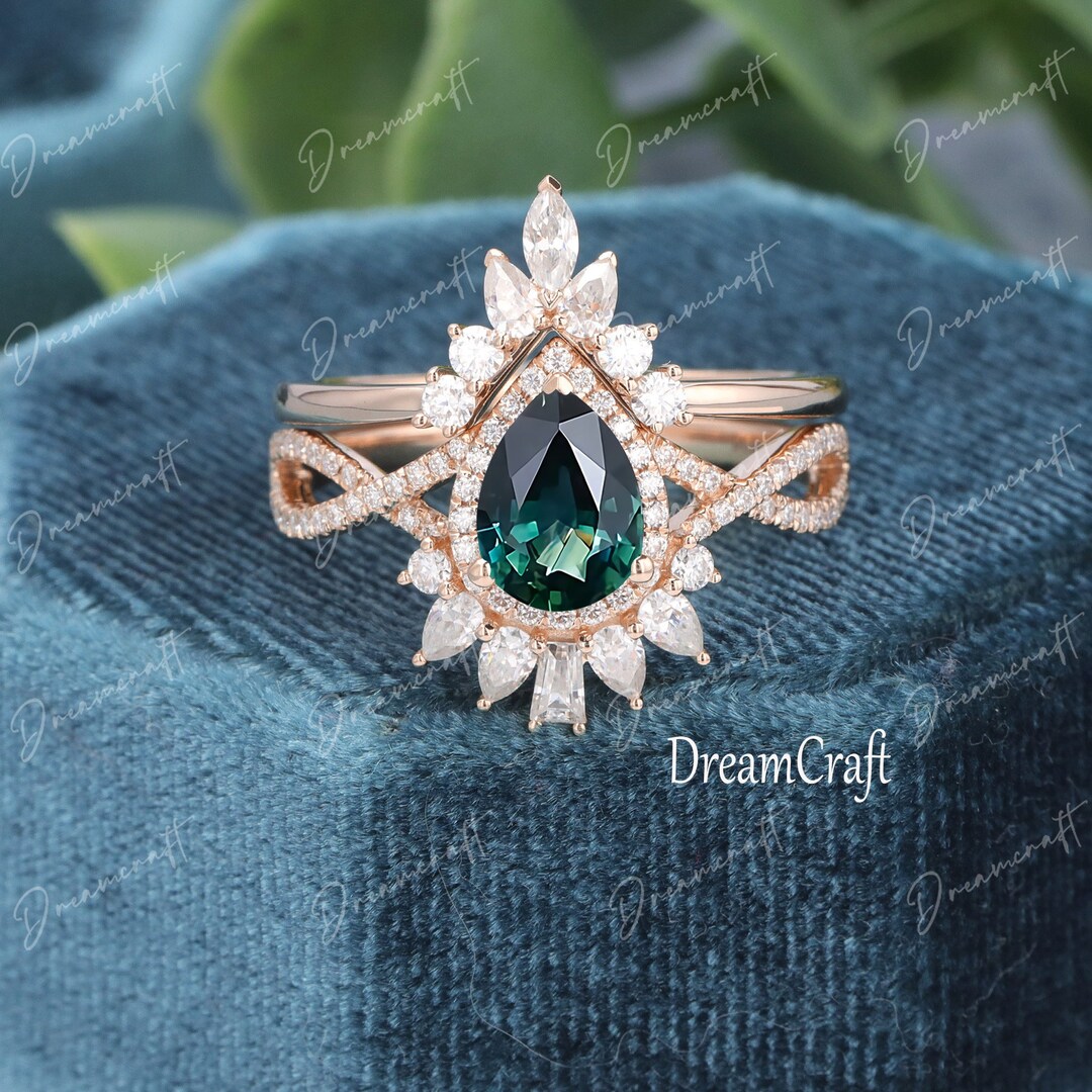 Blue Green Sapphire Engagement Ring Pear Unique Engagement Ring Sets ...
