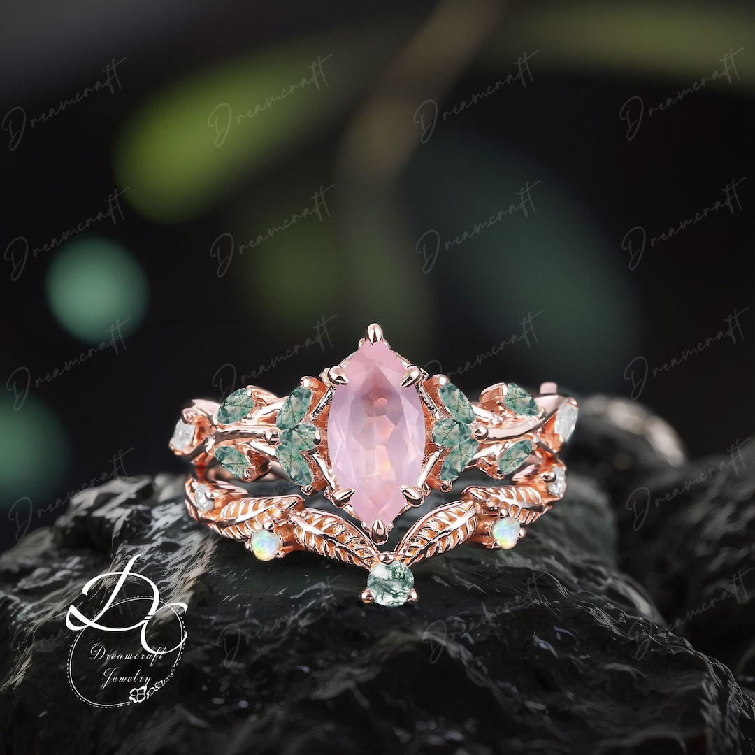 Vintage Marquse Cut Rose Quartz Engagement Ring Sets Nature Inspired ...