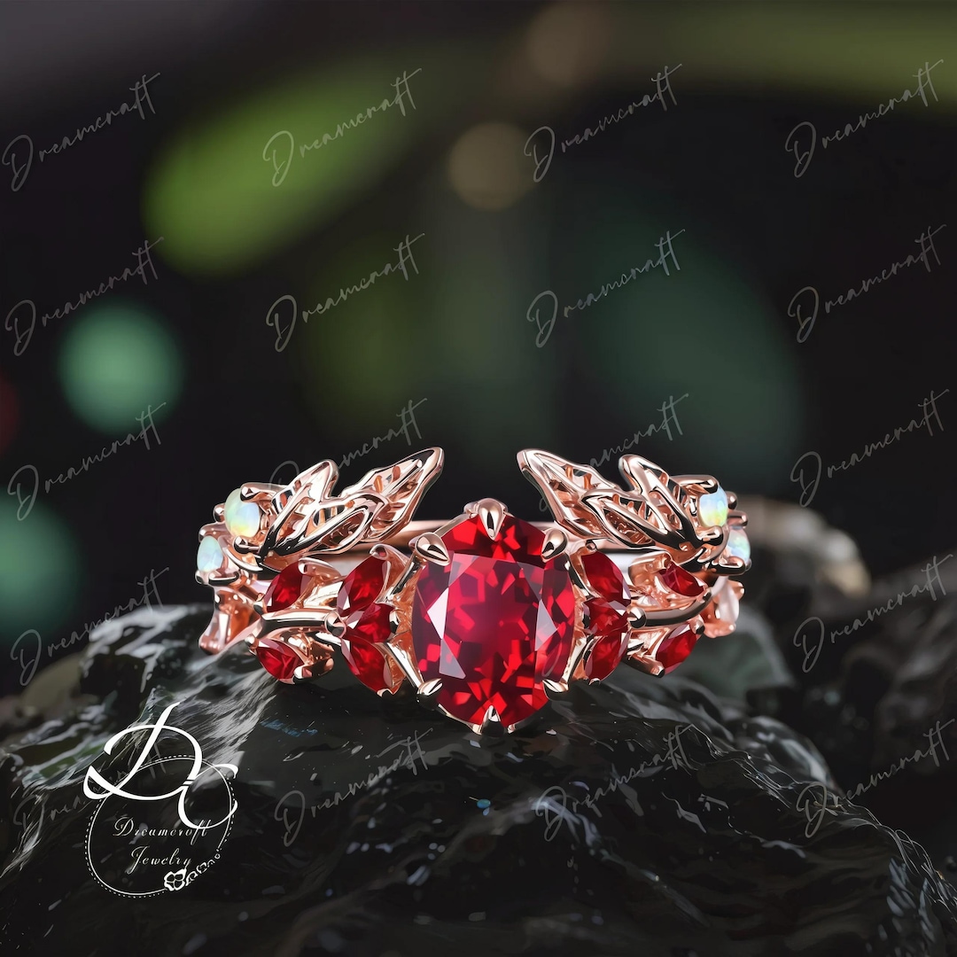 Vintage Oval Ruby Engagement Ring Set Nature Inspired Cluster July Birthstone Promise Ring ...