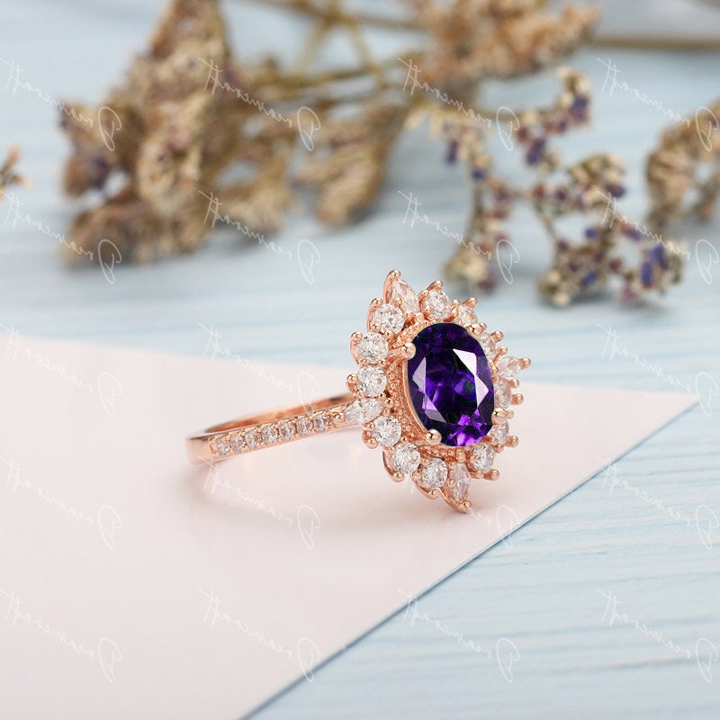 Amethyst Engagement Ring Vintage Oval Cut Engagement Ring 14K | Etsy