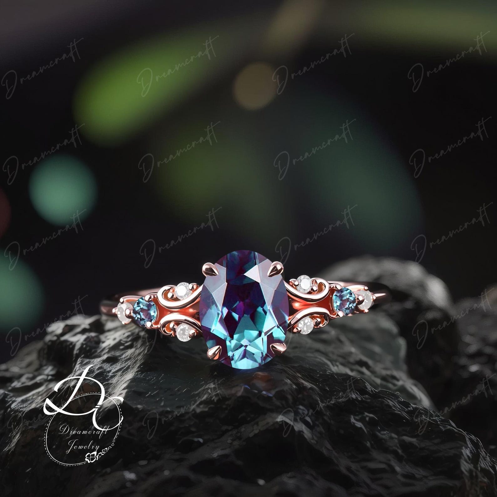 Art Deco Ring Rose Gold Oval Alexandrite Engagement Ring Sets Cluster ...