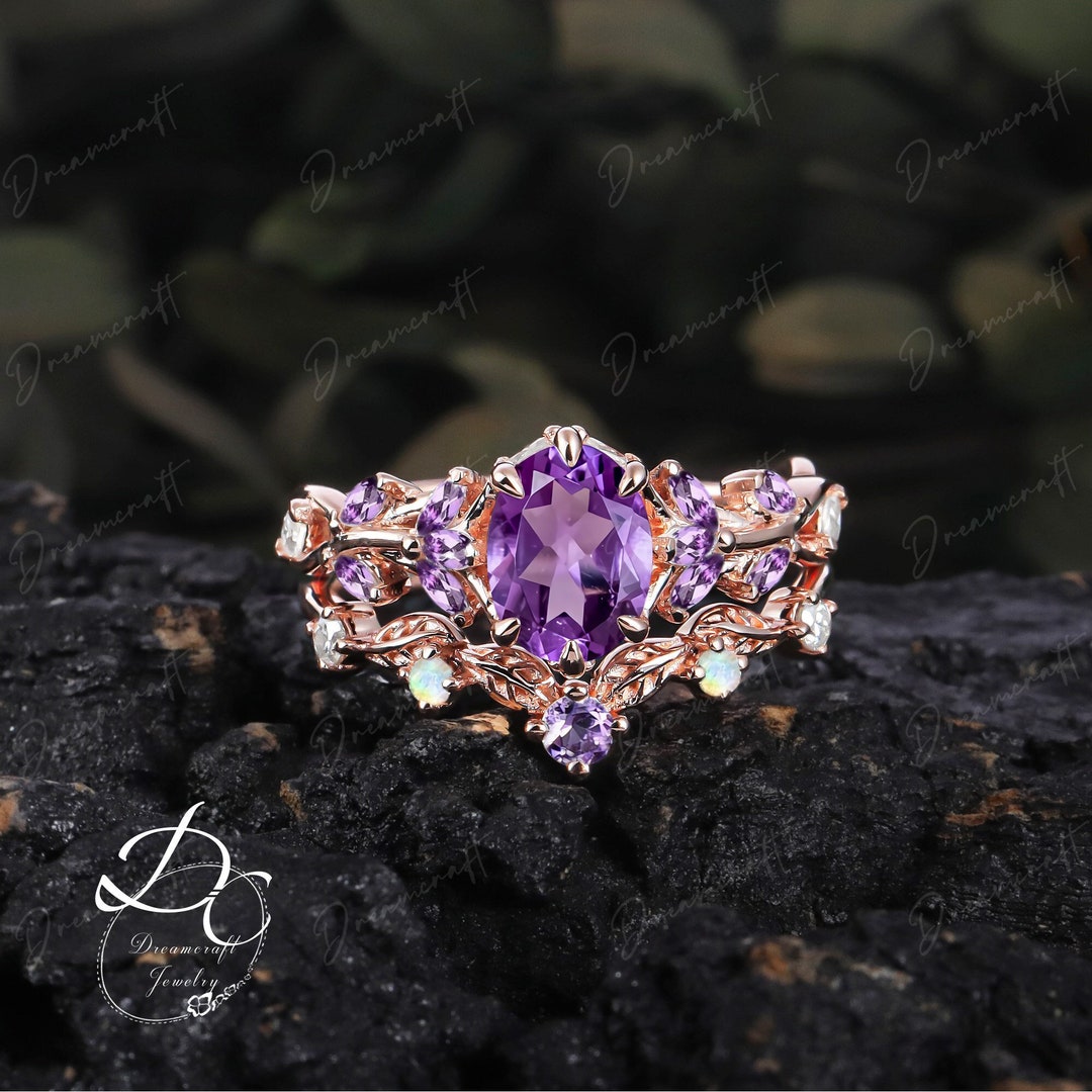 Vintage Oval Amethyst Engagement Ring Sets Nature Inspired Cluster ...