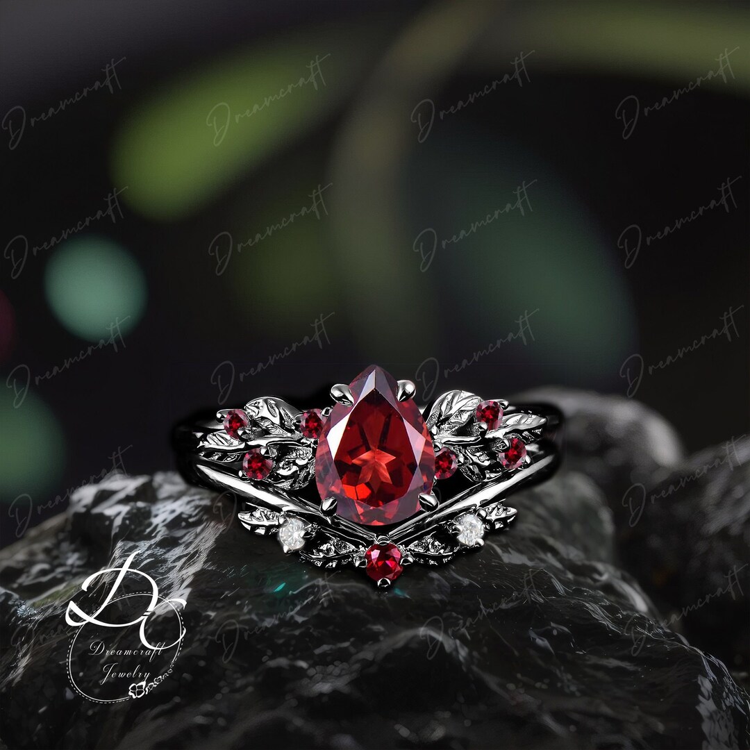 Gothic Black Gold Pear Garnet Engagement Ring Sets Art Deco Leaf Nature ...