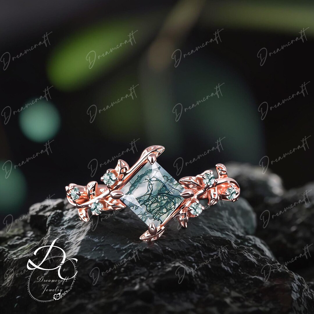 Princess Cut Moss Agate Engagement Ring Art Deco Leaf Rose Gold Twig ...