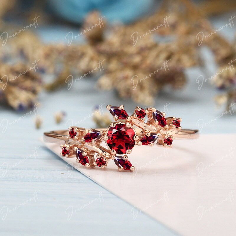 Natural Garnet Engagement Ring 14K Rose Gold Art Deco Ring Leaf Promise ...