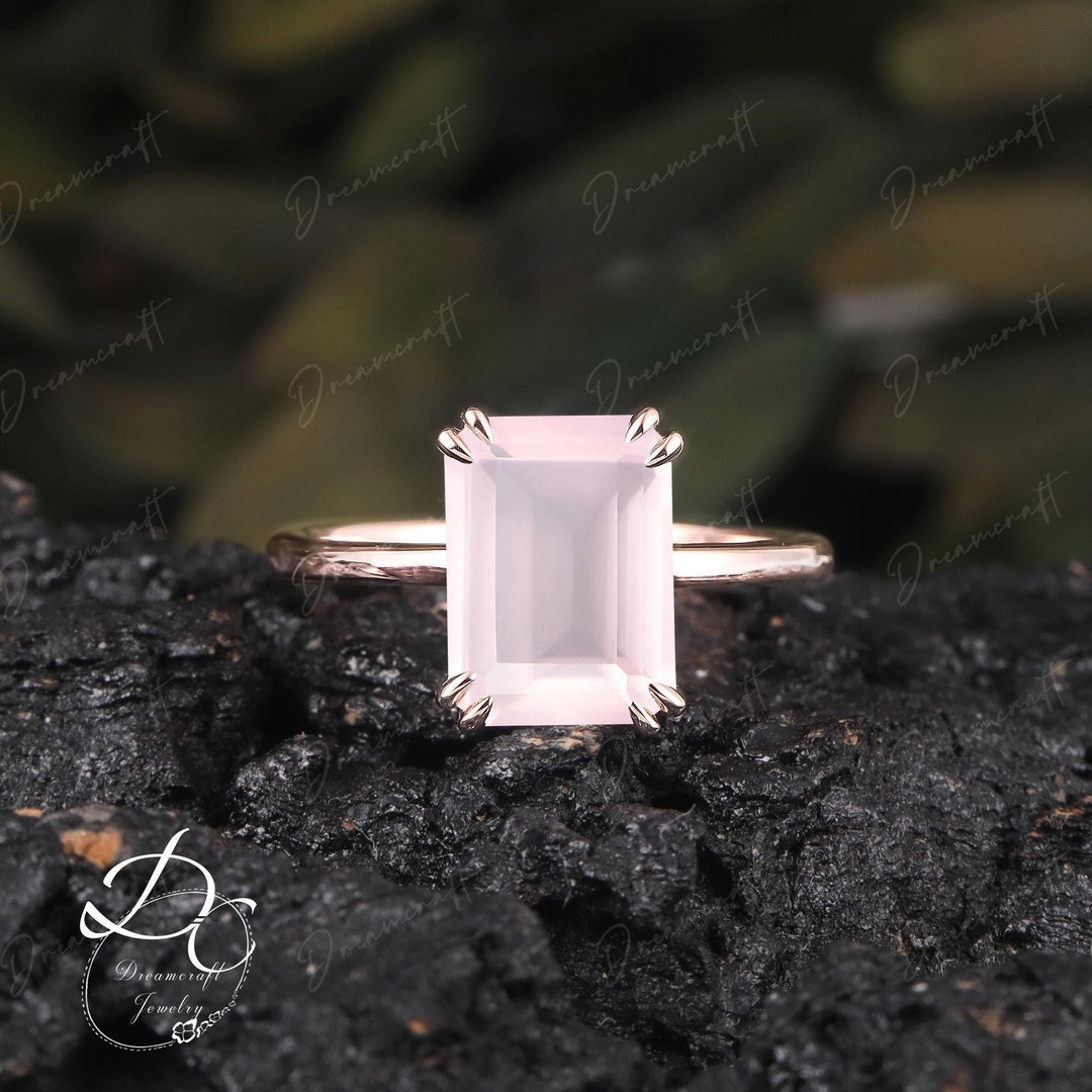 Emerald Cut Rose Quartz Engagement Ring 4ct Solid Rose Gold Promise ...