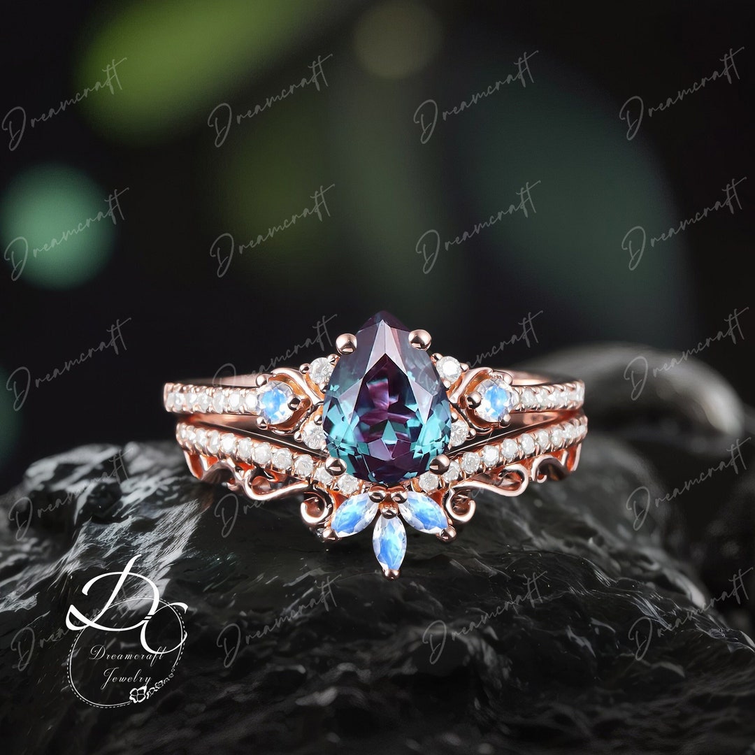 Pear Alexandrite Engagement Ring Sets Cluster Promise Ring Art Deco ...