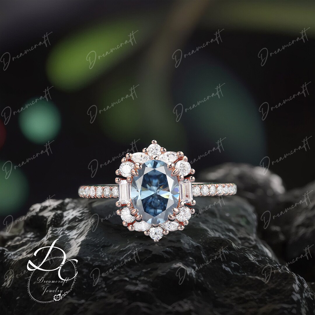 Vintage Blue Grey Moissanite Engagement Ring Oval Cut 1.5ct Moissanite ...