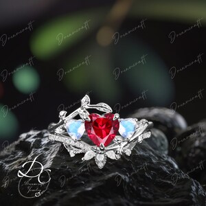 Heart Cut Ruby Engagement Ring Set Rose Gold Moonstone July Birthstone ...