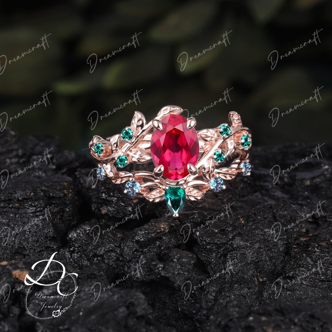 Ruby Engagement Ring Sets Oval Cut Rose Gold Ring Twig Leaf - Etsy