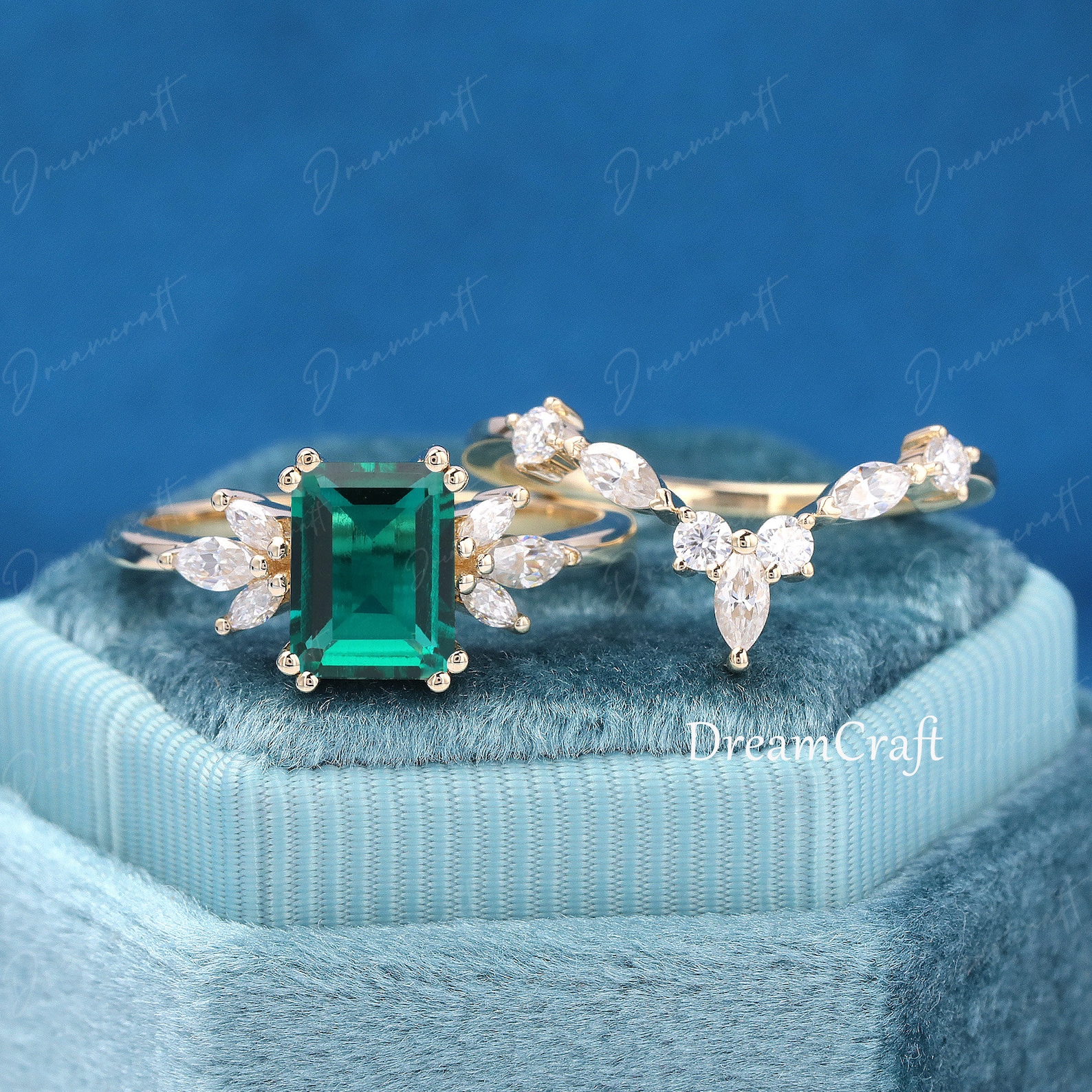 Emerald Engagement Ring Set Emerald Cut Engagement Ring Solid | Etsy