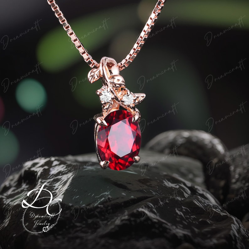 Oval Cut Ruby Necklace 14k Rose Gold Unique Jewelry Pendant Women Leaf ...