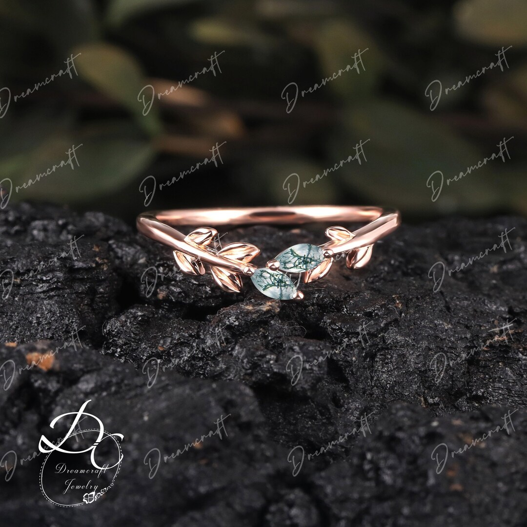 Unique Rose Gold Wedding Band Leaf Moss Agate Wedding Band Art Deco ...