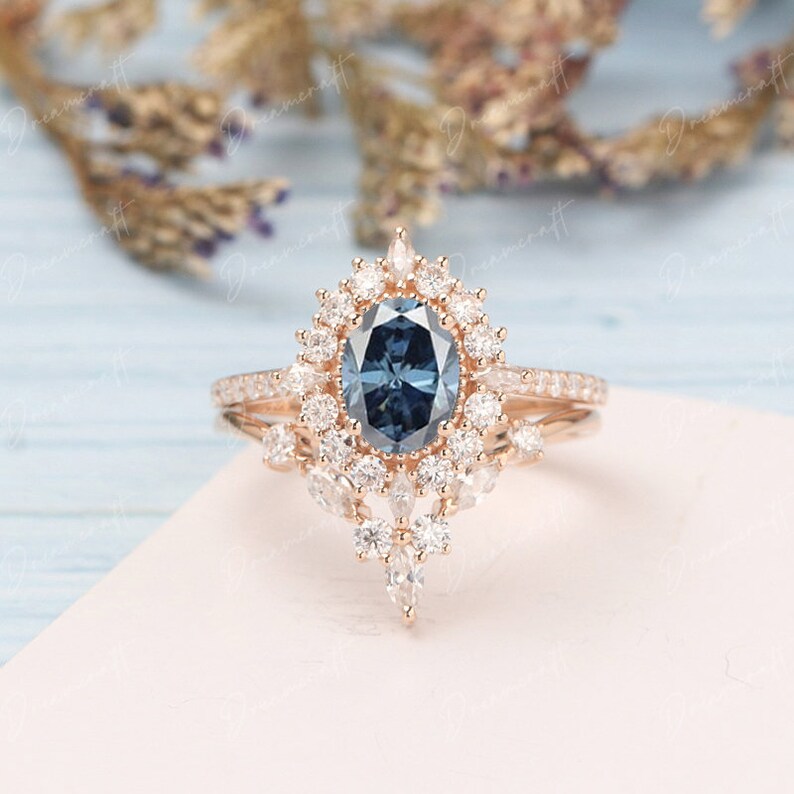 Blue Grey Moissanite Engagement Ring Sets Oval Vintage Halo Engagement ...