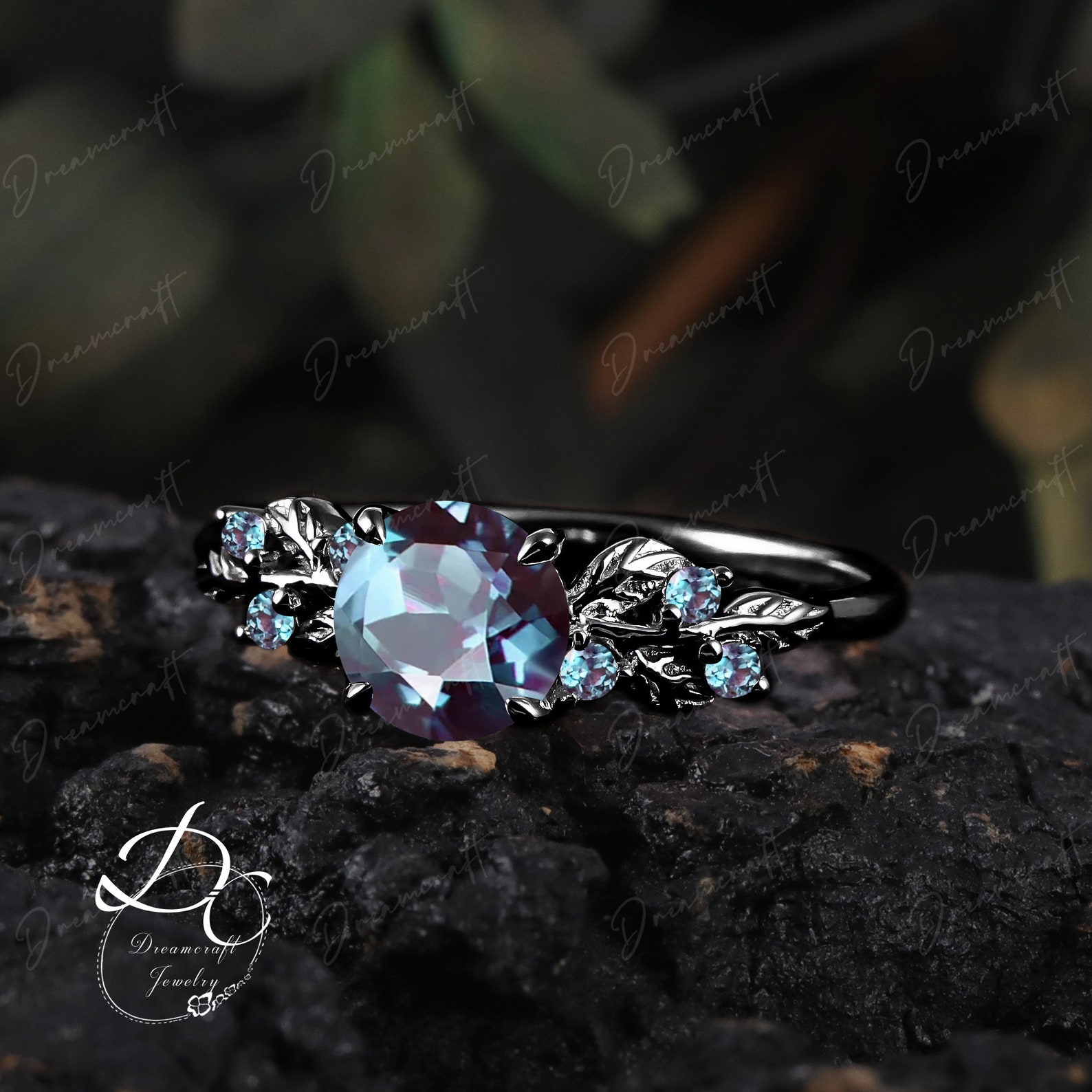 Gothic Black Gold Alexandrite Engagement Ring Nature Inspired Cluster ...