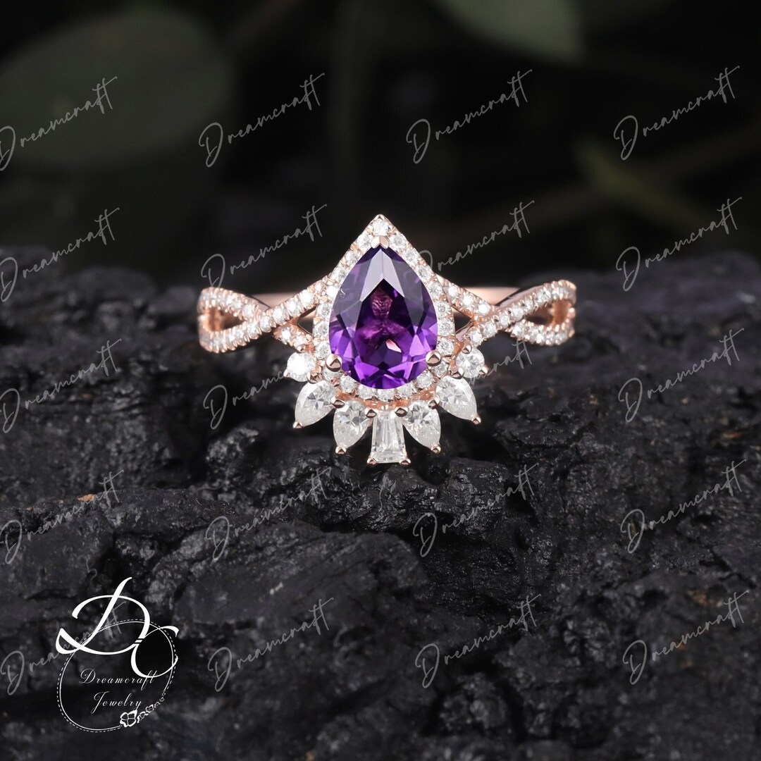 Pear Shape Amethyst Engagement Ring Vintage Engagement Ring Unique 14K ...