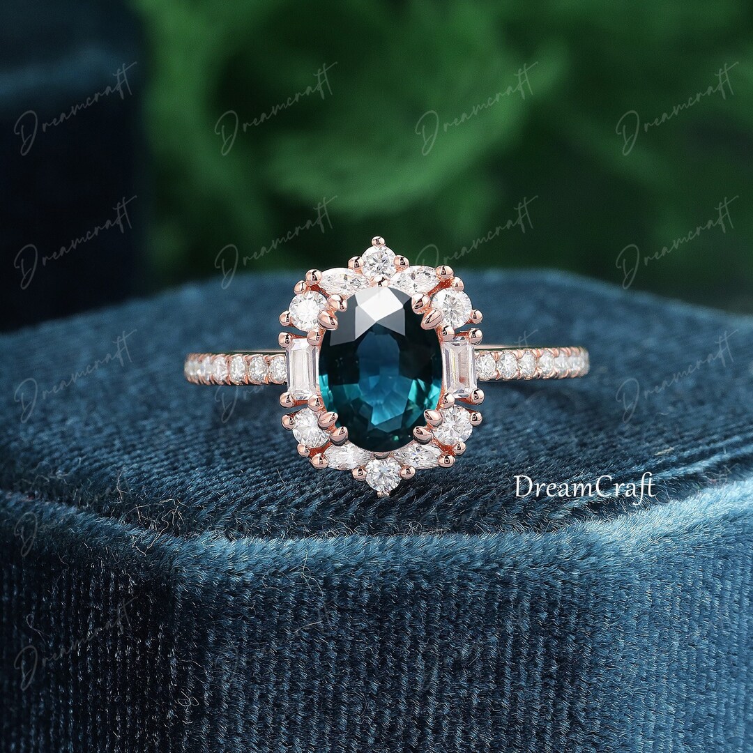 Vintage Teal Sapphire Engagement Ring Oval Cut Wedding Ring Rose Gold ...
