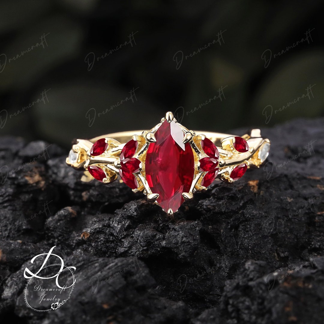 Vintage Marquise Cut Ruby Engagement Ring Promise Ring Gold Art Deco ...