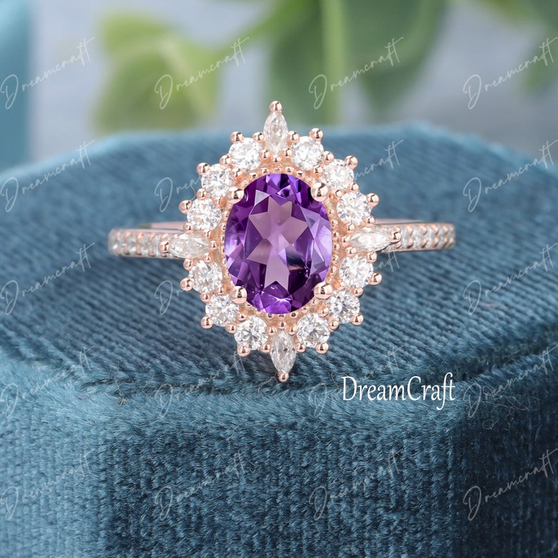Amethyst Engagement Ring Vintage Oval Halo Engagement Ring 14K - Etsy