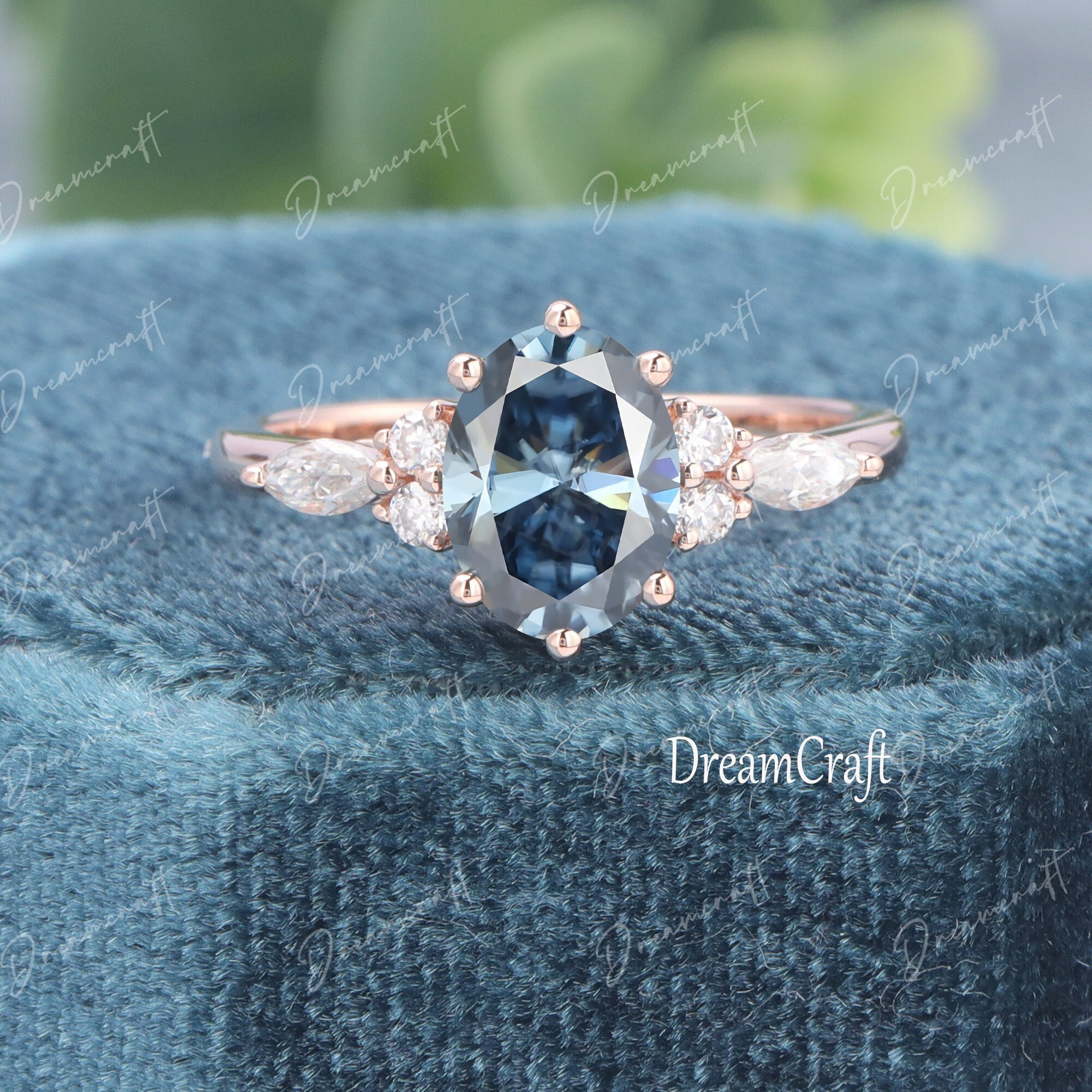 Blue Grey Moissanite Engagement Ring Oval Cluster Ring Vintage Solid ...