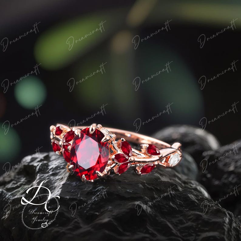 Vintage Oval Ruby Engagement Ring Set Nature Inspired Cluster July Birthstone Promise Ring ...