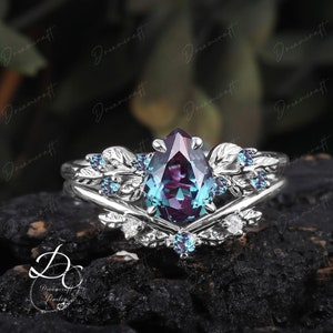 Art Deco Leaf Rose Gold Pear Alexandrite Engagement Ring Sets Nature ...