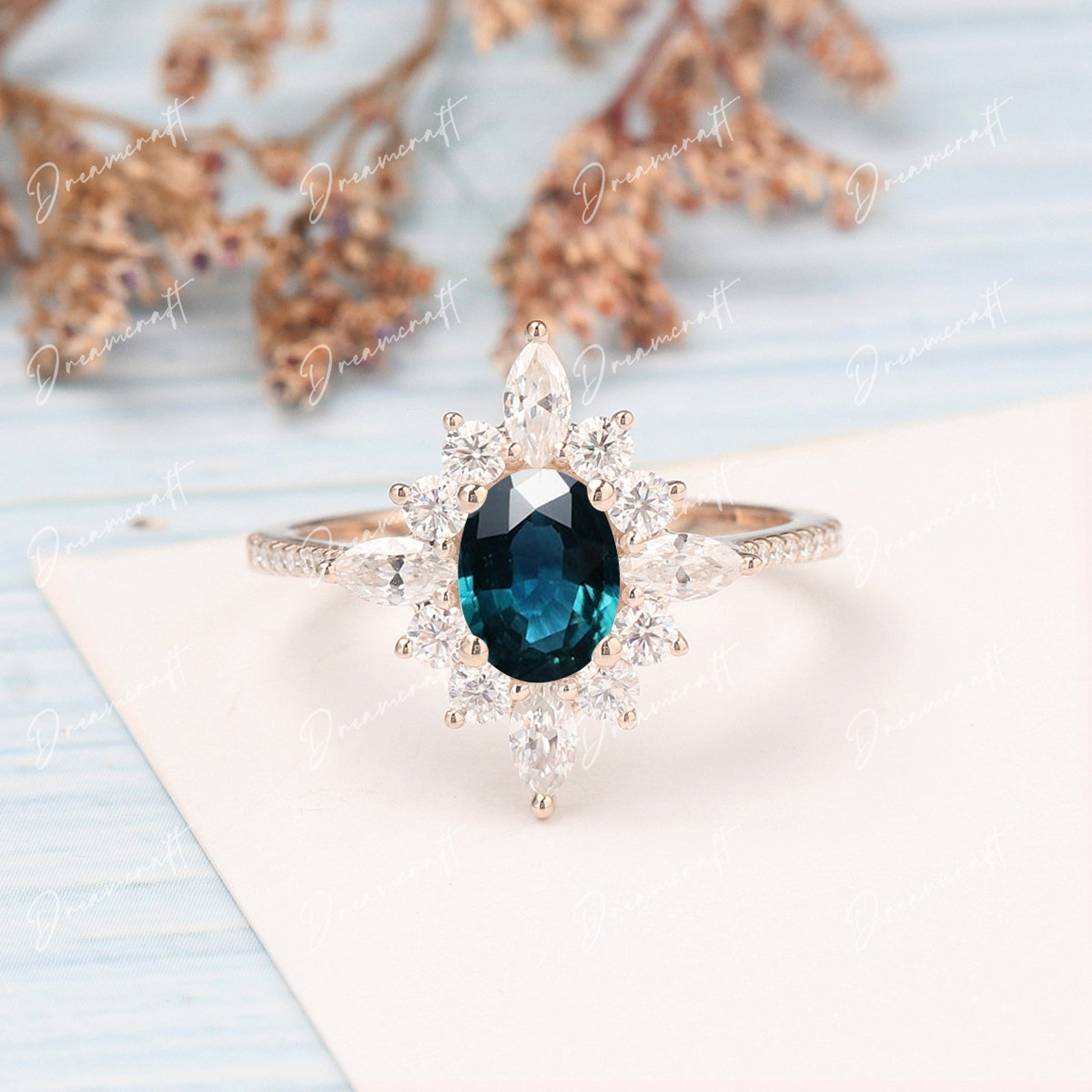 Blue Green Sapphire Engagement Ring Oval 14k Rose Gold Wedding | Etsy