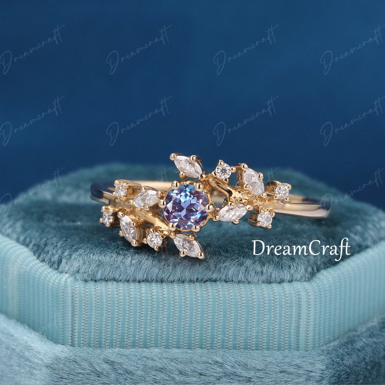 Alexandrite Cluster Ring 14K Rose Gold Unique Engagement Ring - Etsy