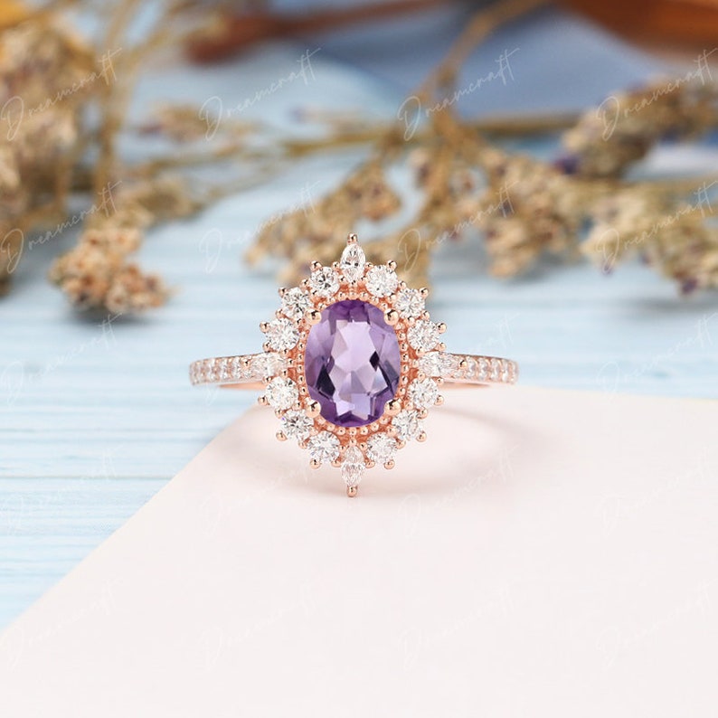 Amethyst Engagement Ring Vintage Oval Halo Engagement Ring 14K - Etsy