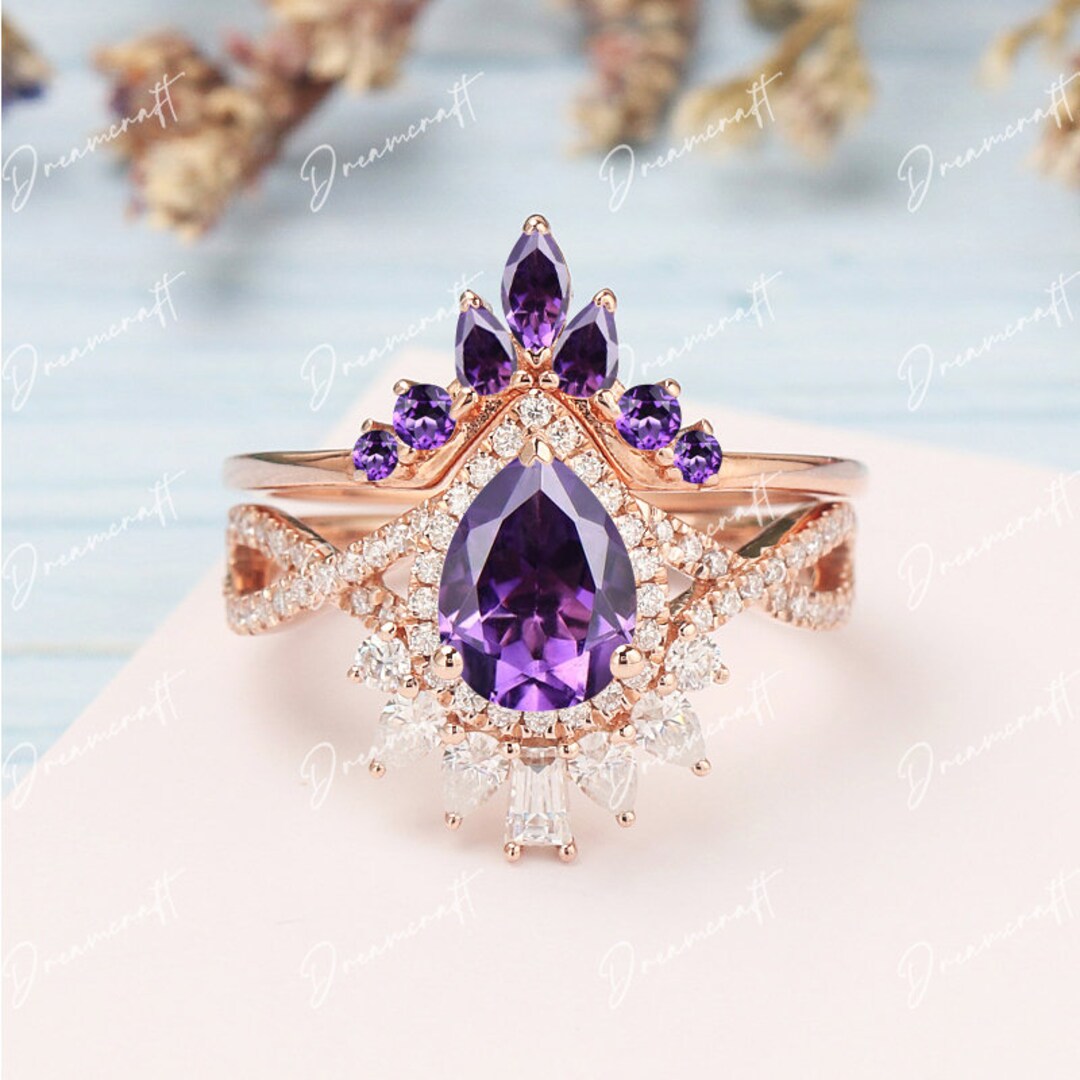 Amethyst Engagement Ring Sets Solid Gold 14K Pear Shape Unique - Etsy