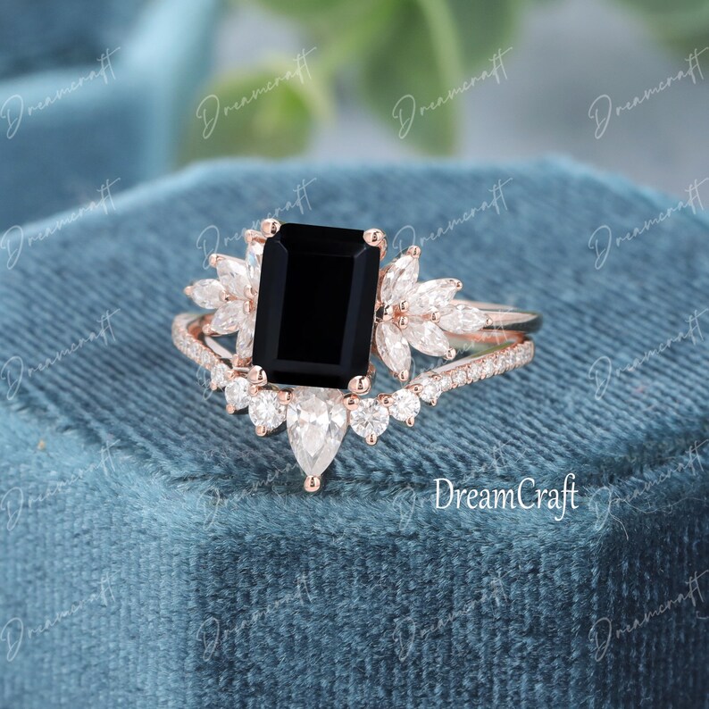 Vintage Black Onyx Engagement Ring Sets Rose Gold Emerald Cut - Etsy