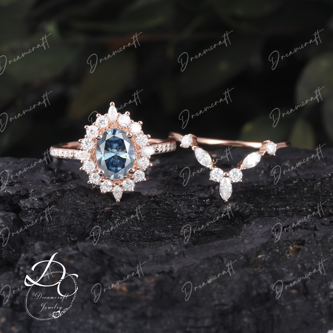 Blue Grey Moissanite Engagement Ring Sets Oval Vintage Halo Engagement ...