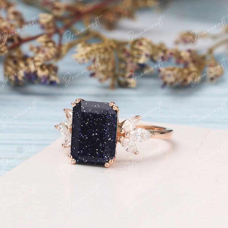 Blue Sandstone Engagement Ring 4ct Emerald Cut Vintage Rose - Etsy