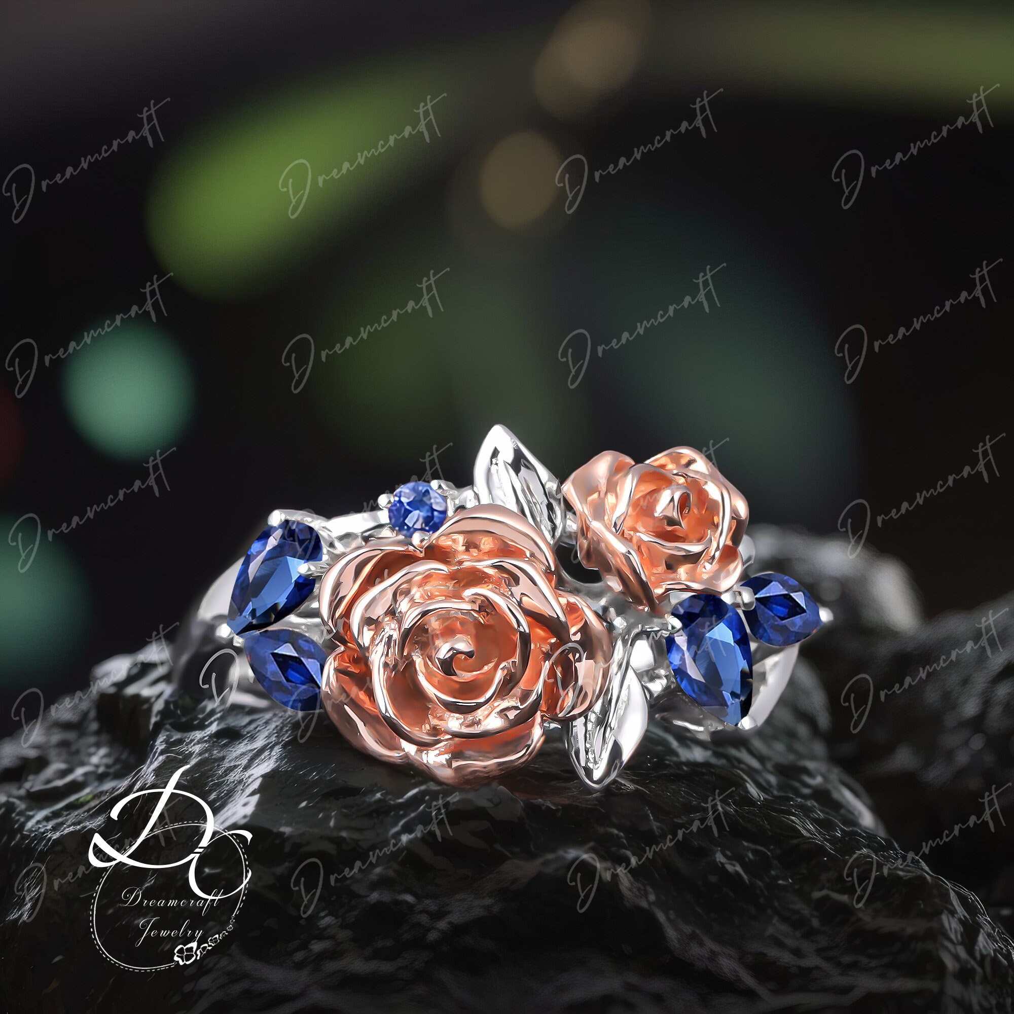 Art Deco Rose Flower Blue Sapphire Engagement Ring Set Women Gemstone ...