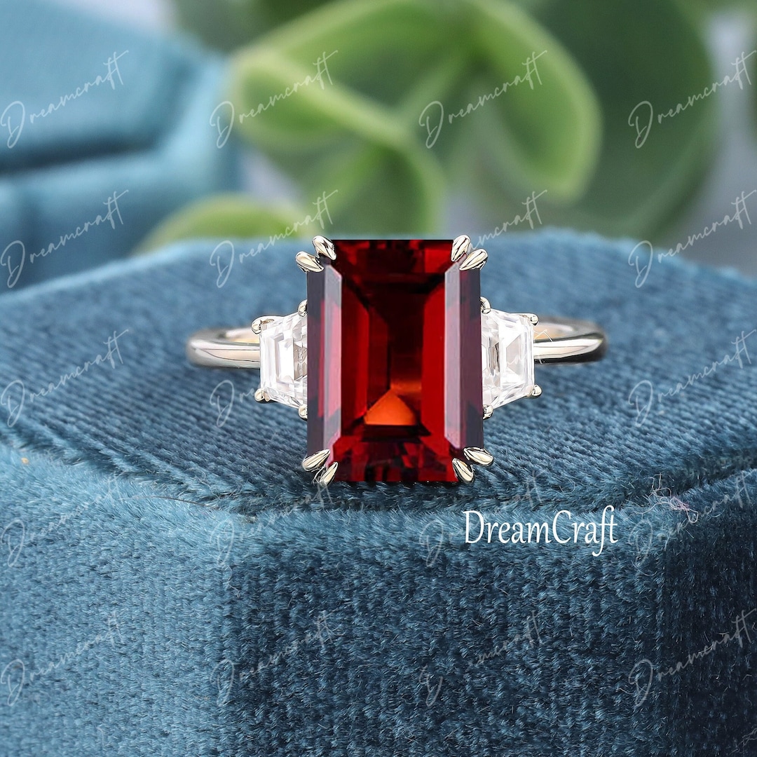 Vintage Garnet Engagement Ring 4ct Emerald Cut White Gold Engagement ...