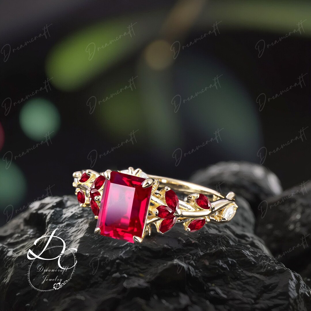 Vintage Emerald Cut Ruby Engagement Ring Promise Ring Yellow Gold Art ...