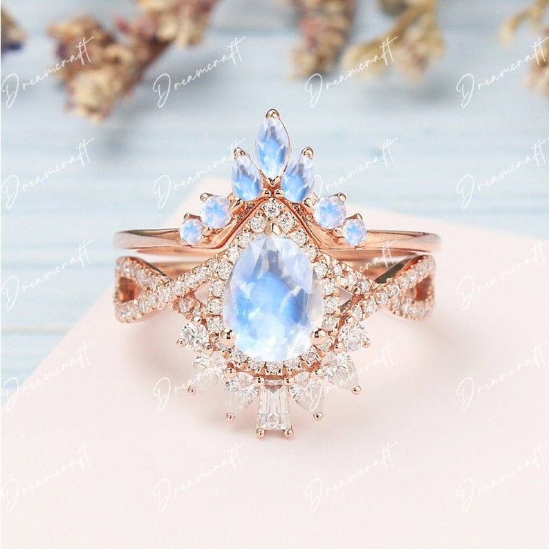 Pear Shape Moonstone Engagement Ring Sets Unique Engagement - Etsy